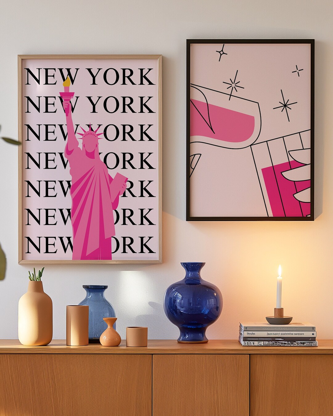 NYC Art Print Set: Pink Statue of Liberty, Retro Travel Poster (digital ...