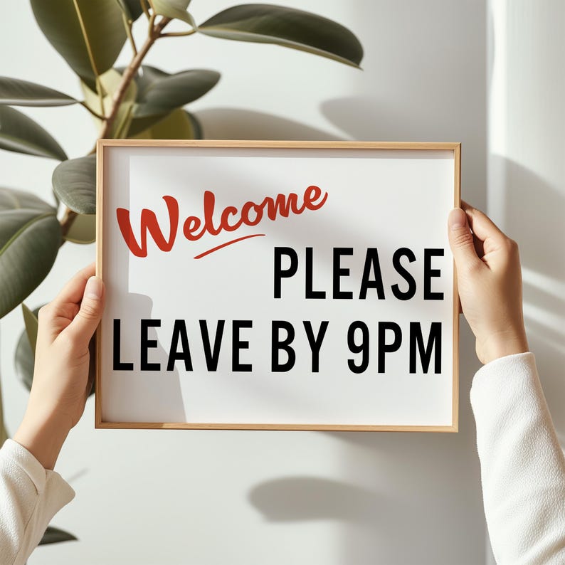 Funny Guest Sign – Welcome Please Leave by 9pm, Retro Wall Art (digital ...