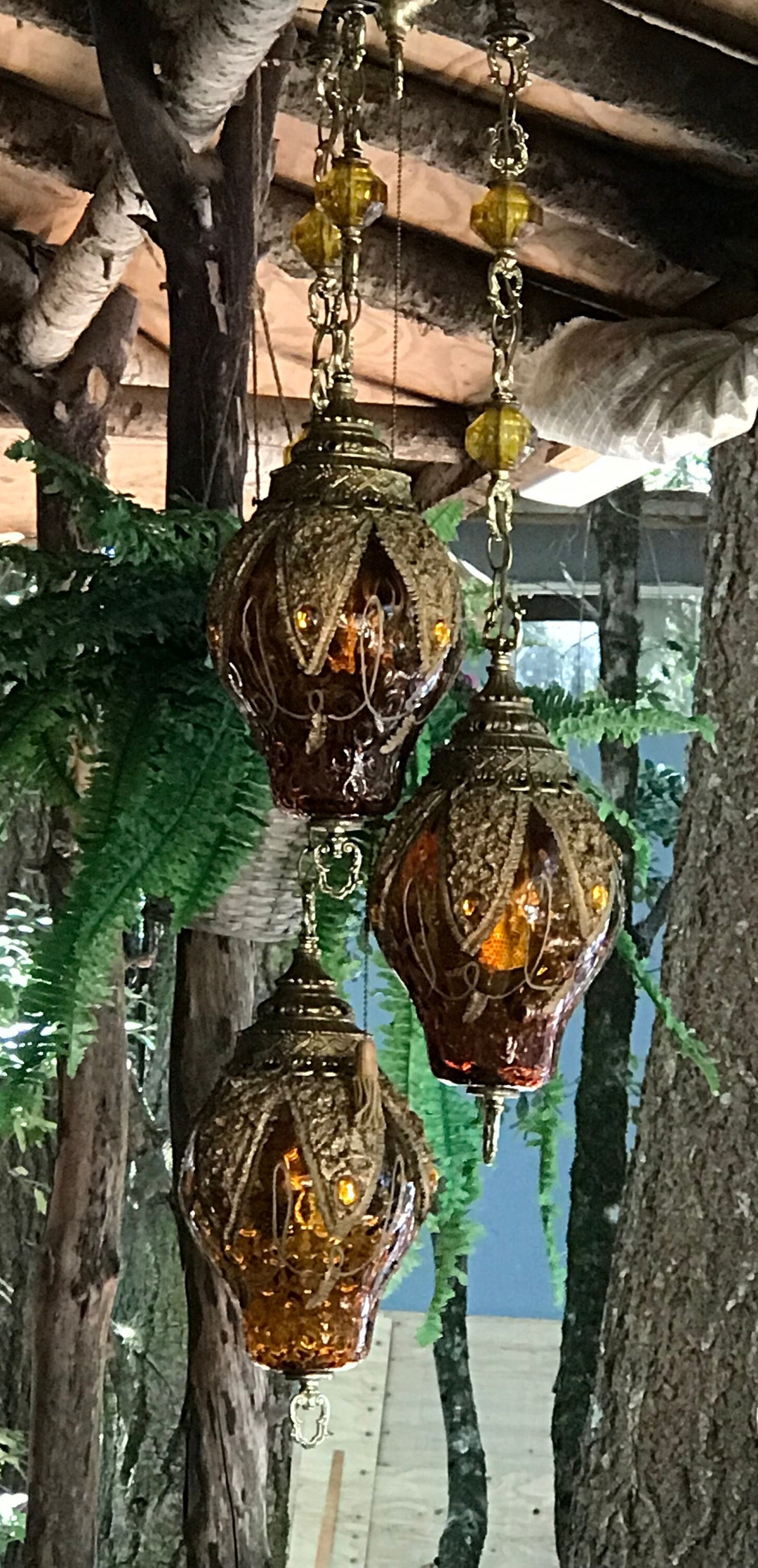 Swag Lamp, Triple Amber Glass Acorn Shape Globes, Vintage 1960s Hanging ...