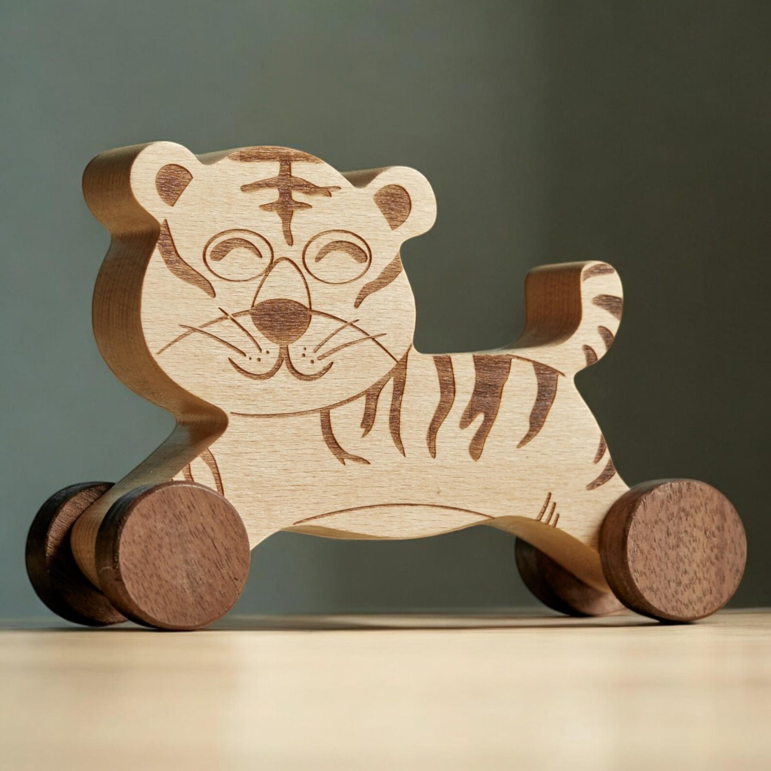 Handcrafted Wooden Tiger Push Toy – Natural Solid Beechwood & Walnut ...