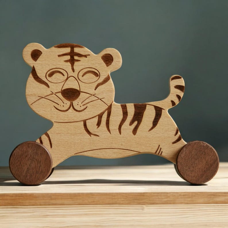 Handcrafted Wooden Tiger Push Toy – Natural Solid Beechwood & Walnut ...