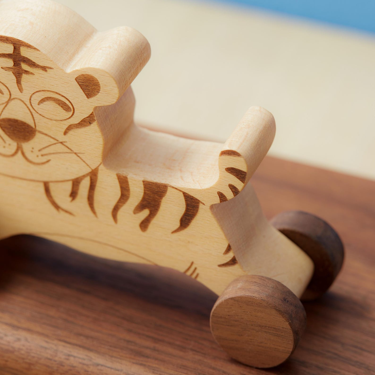 Handcrafted Wooden Tiger Push Toy – Natural Solid Beechwood & Walnut ...