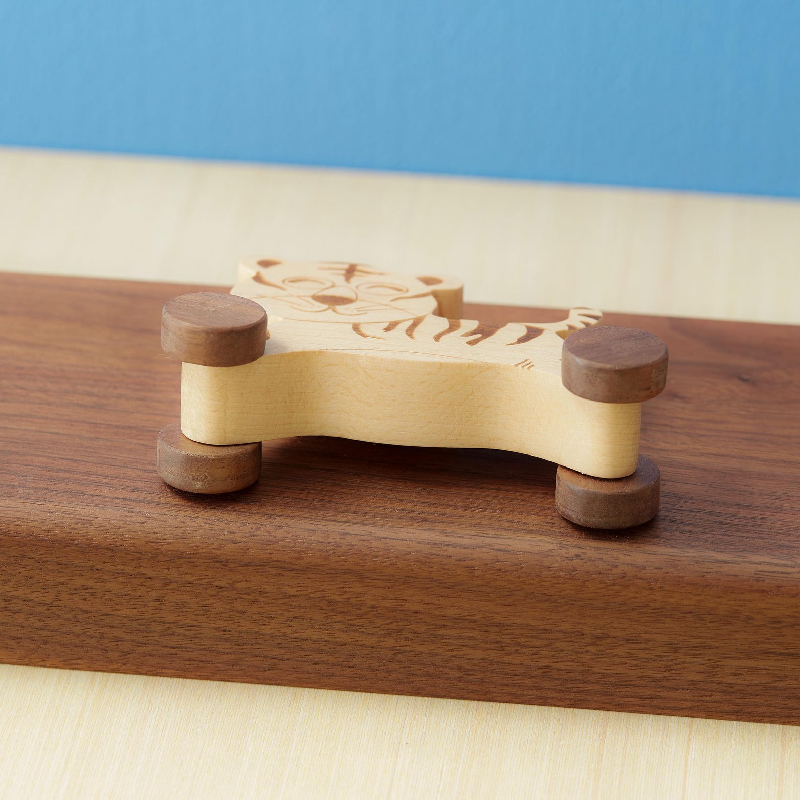 Handcrafted Wooden Tiger Push Toy – Natural Solid Beechwood & Walnut ...