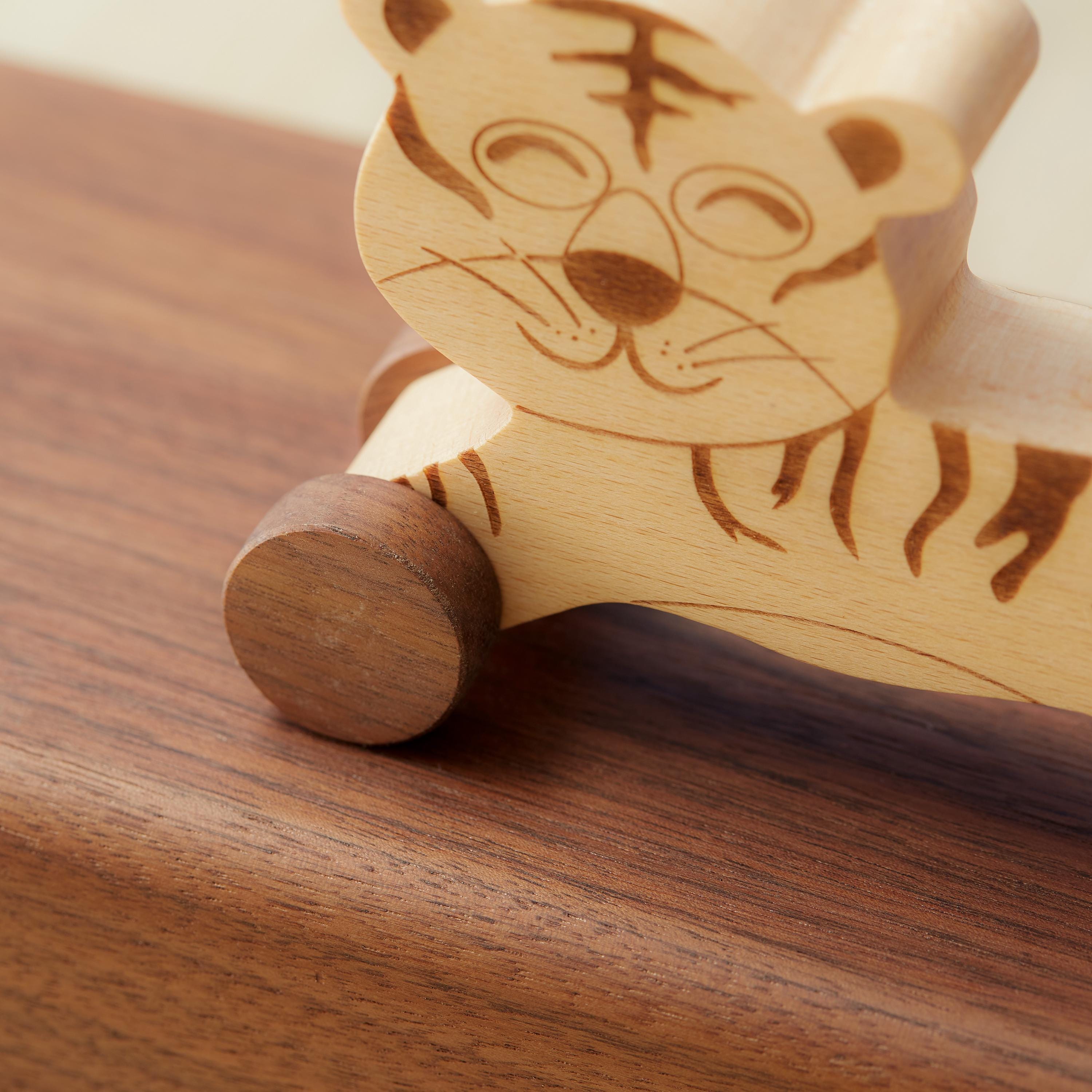 Handcrafted Wooden Tiger Push Toy – Natural Solid Beechwood & Walnut ...