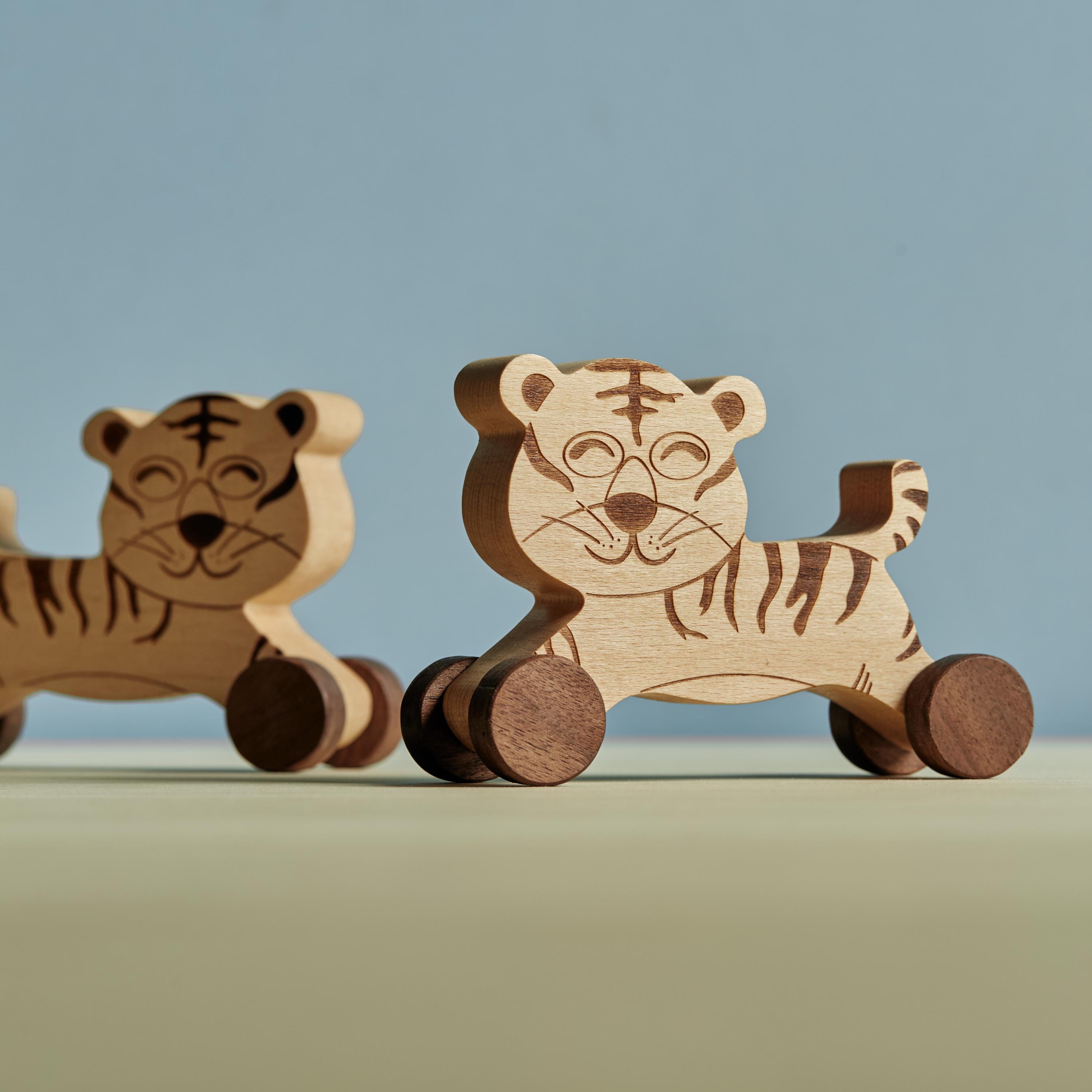 Handcrafted Wooden Tiger Push Toy – Natural Solid Beechwood & Walnut ...