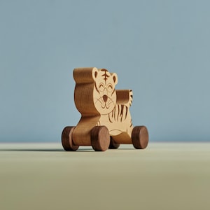 Handcrafted Wooden Tiger Push Toy – Natural Solid Beechwood & Walnut ...
