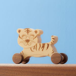 Handcrafted Wooden Tiger Push Toy – Natural Solid Beechwood & Walnut ...
