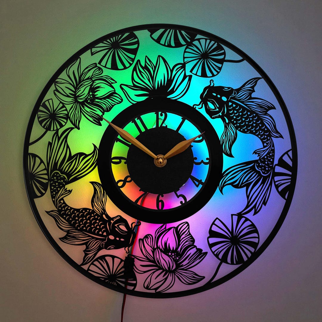 Koi Fish and Lotus LED Wall Clock, Koi Fish Clock, Lotus Flowers Clock ...