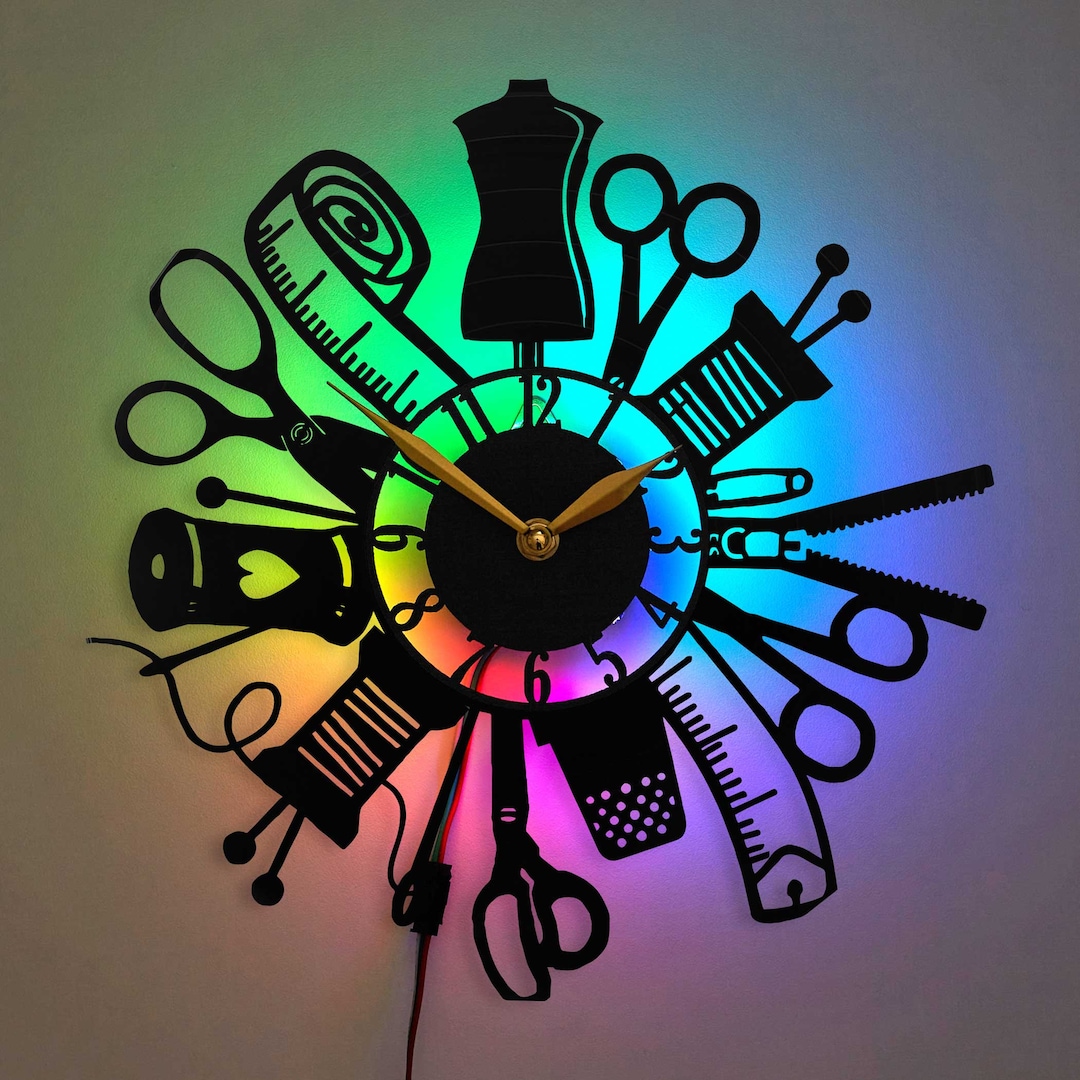 Sewing Themed Wall Clock With Led Lights, Gifts for Sewing Lovers ...