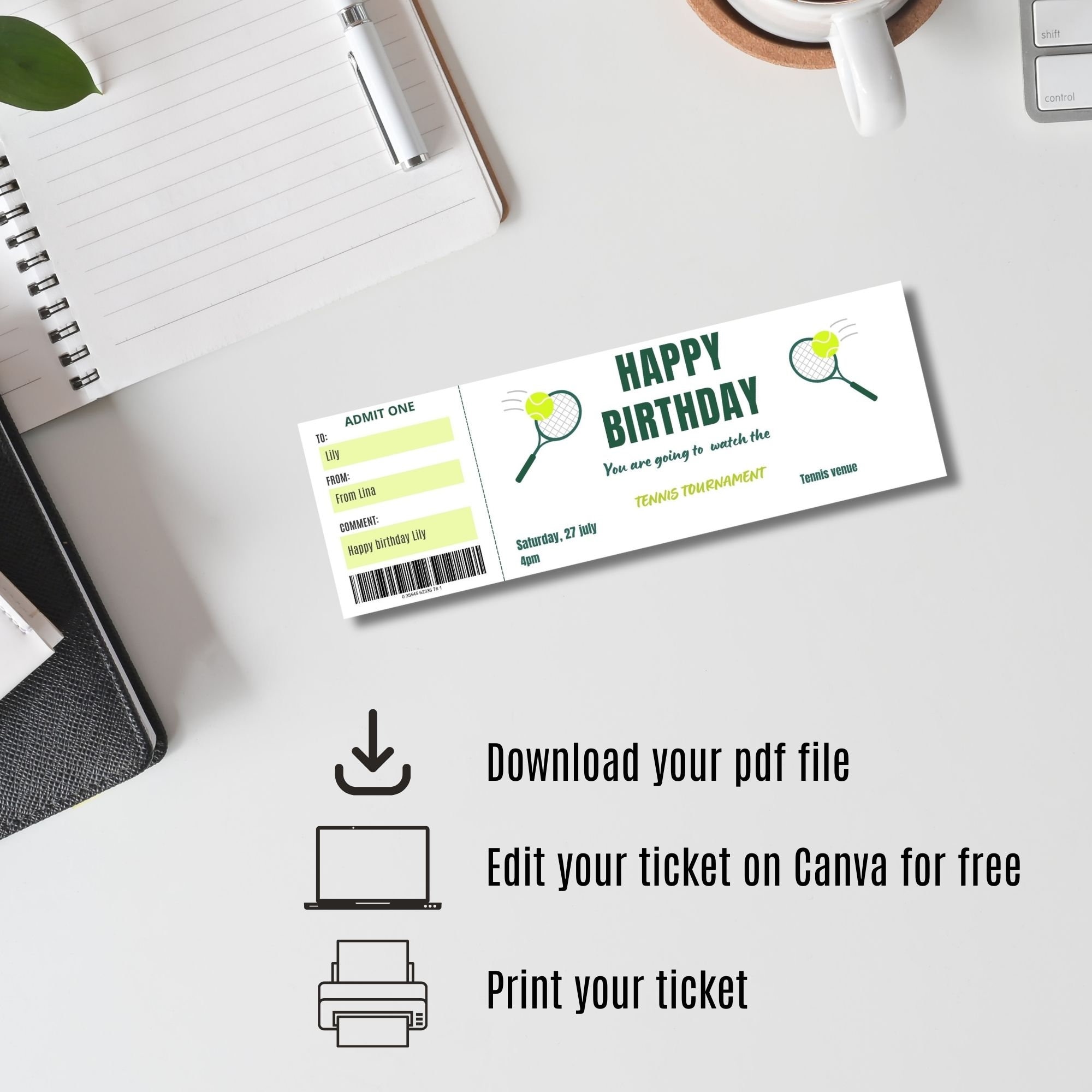 Happy Birthday Tennis Ticket Invitation Template, Editable and ...