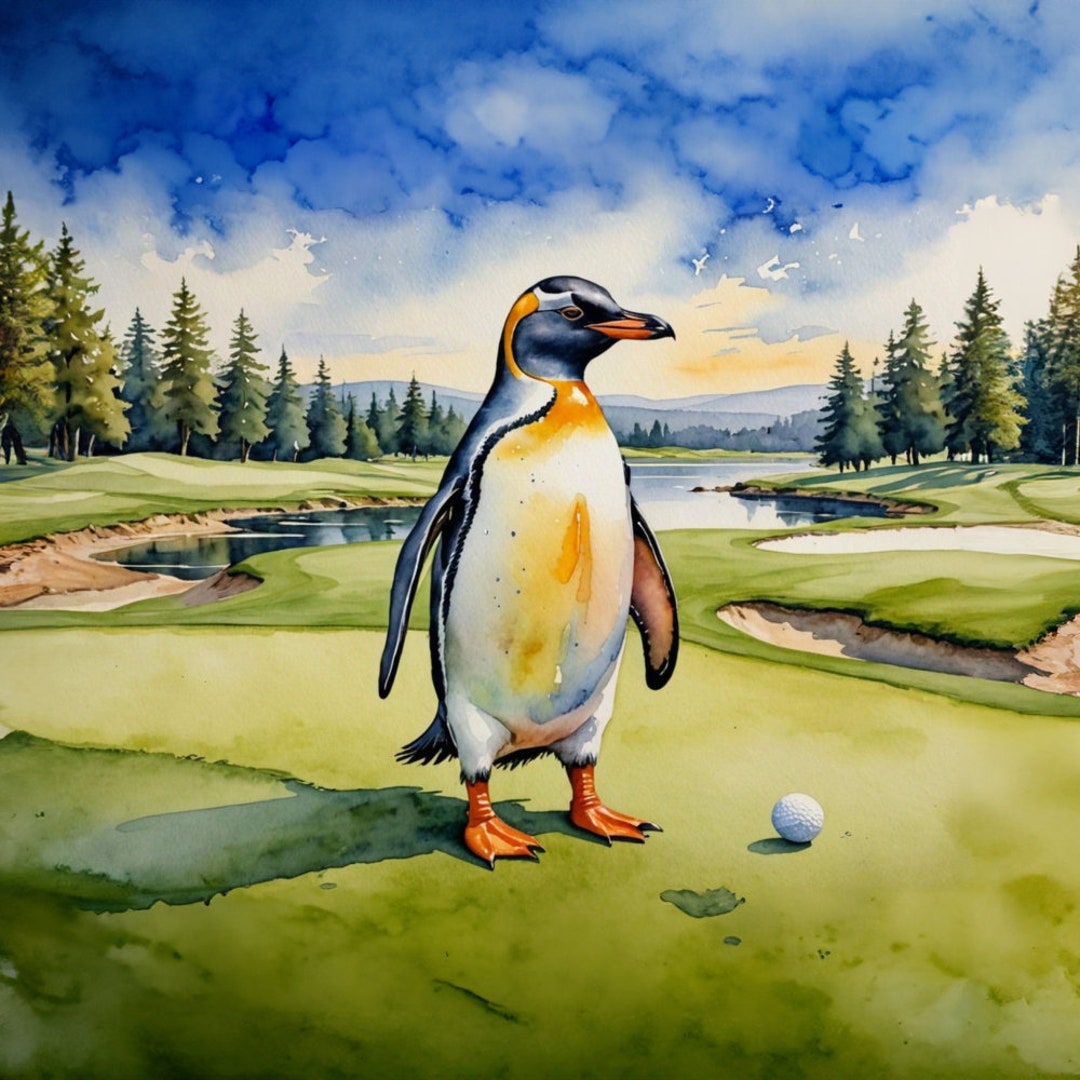 Penguin Golf Art Print | Golfing Penguin Digital Download | Penguin on ...