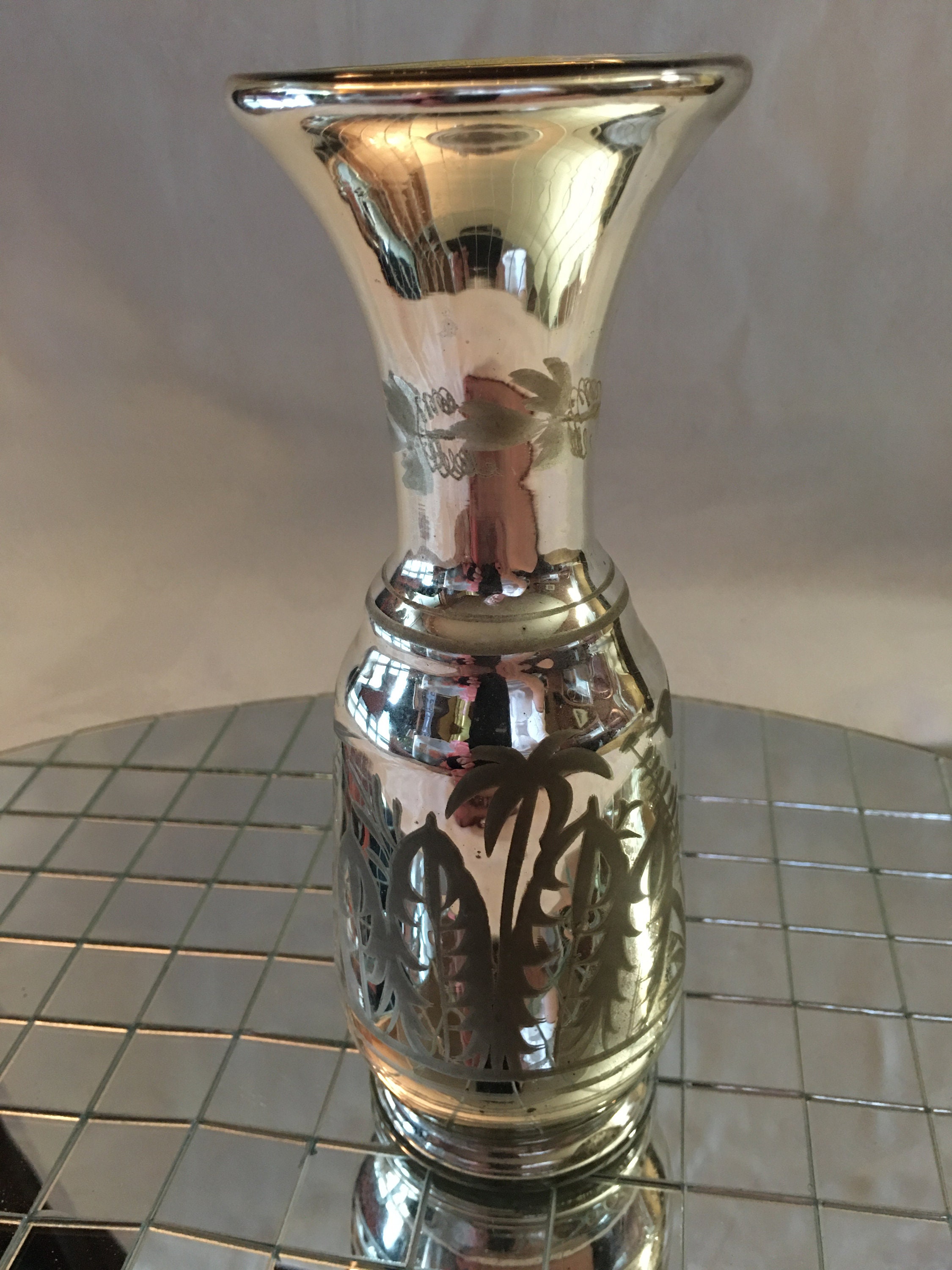 Rare Antique Mercury Glass Footed Vase With Frosted Floral Etsy