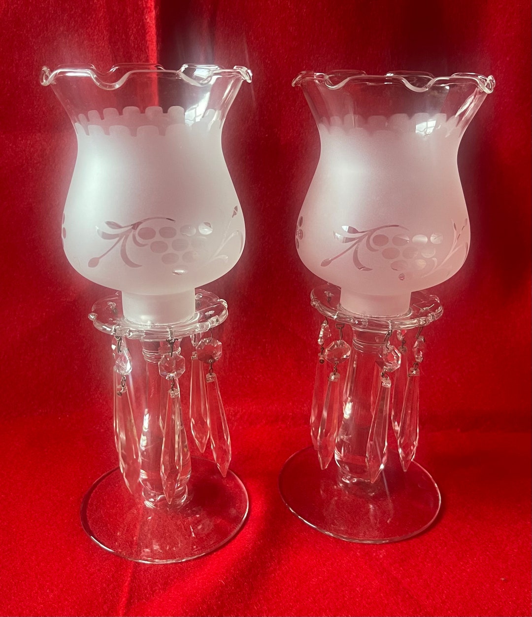 Set of 2 Hurricane Glass Candle Lamps With Prisms and Acid Etched Grape ...