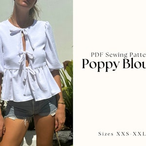 Poppy Blouse Digital PDF Sewing Pattern Peplum Blouse Puff Sleeves Tie ...