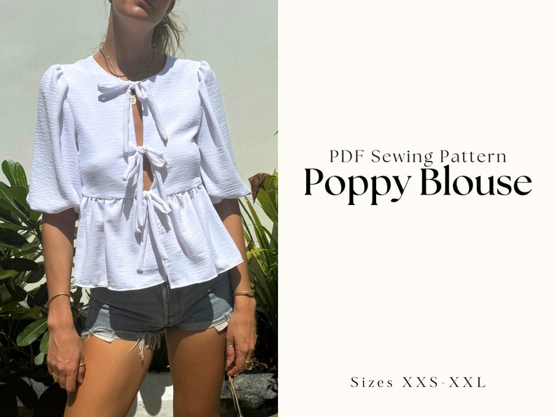 Poppy Blouse Digital PDF Sewing Pattern Peplum Blouse Puff Sleeves Tie Front XXS-XXL Beginner ...