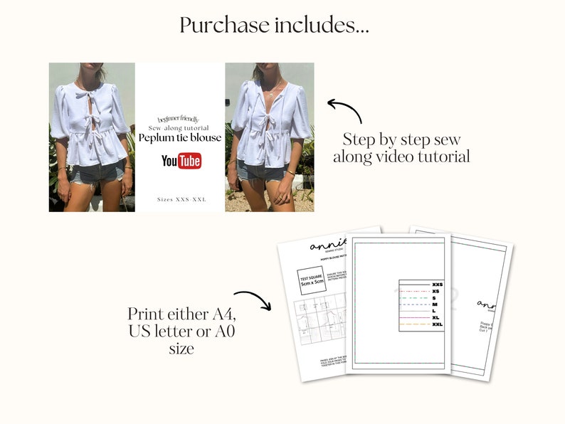 Poppy Blouse Digital PDF Sewing Pattern Peplum Blouse Puff Sleeves Tie ...