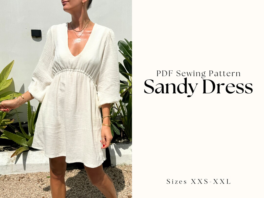 Sandy Dress Digital PDF Sewing Pattern V-neck Mini Dress Gathered Puff ...