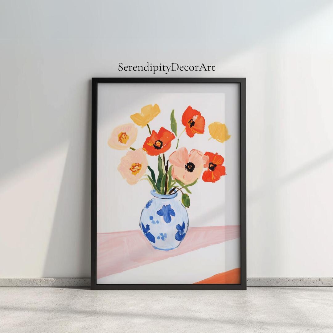 Poppy Flower Poster: Modern Gouache Vase, Scandinavian Floral Art - Etsy