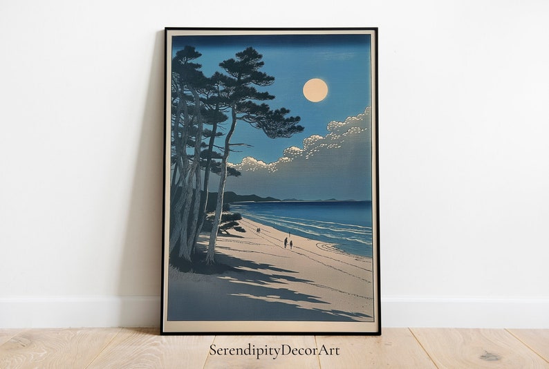 Moonlit Beach: Hasui Kawase Style Night Shoreline Art Japanese ...