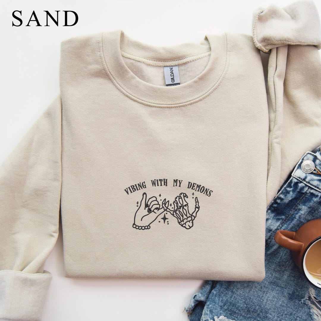 Embroidered Vibing With My Demons Sweatshirt, Funny Skeleton Sweatshirt ...