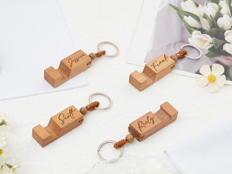 Personalized Wooden Phone Holder Keychain: Engraved Beechwood Wedding ...