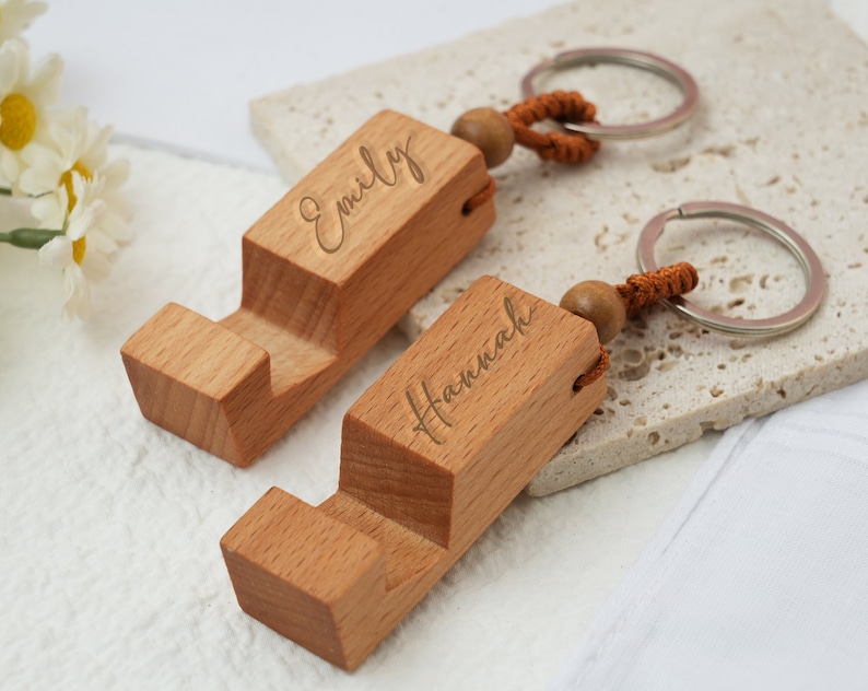 Personalized Wooden Phone Holder Keychain: Engraved Beechwood Wedding ...