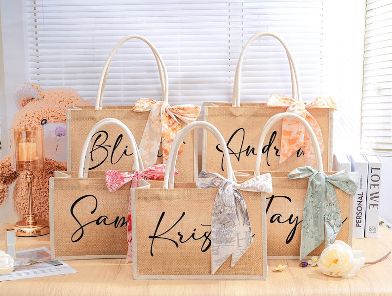 Personalized Burlap Bridesmaid Gift Bag With Scarf, Monogrammed Tote - Etsy