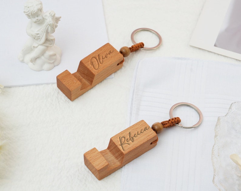 Personalized Wooden Phone Holder Keychain: Engraved Beechwood Wedding ...