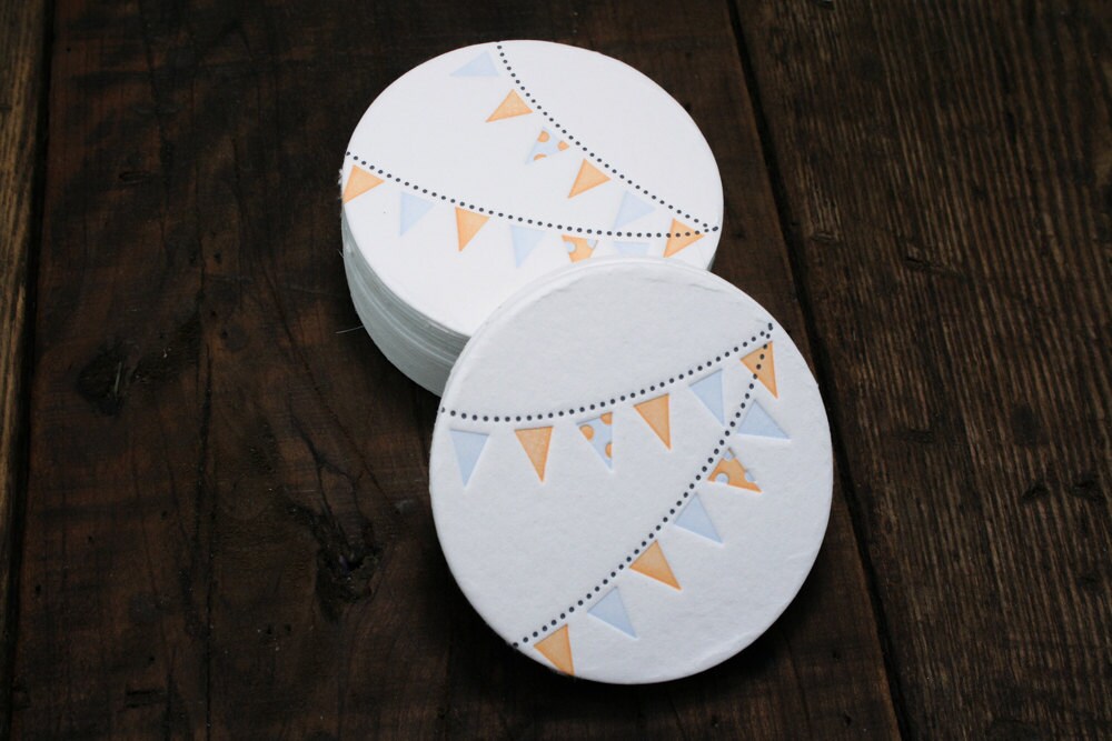 Set of 12 - Letterpress Printed Pennant Coasters (blue + Orange) - Etsy