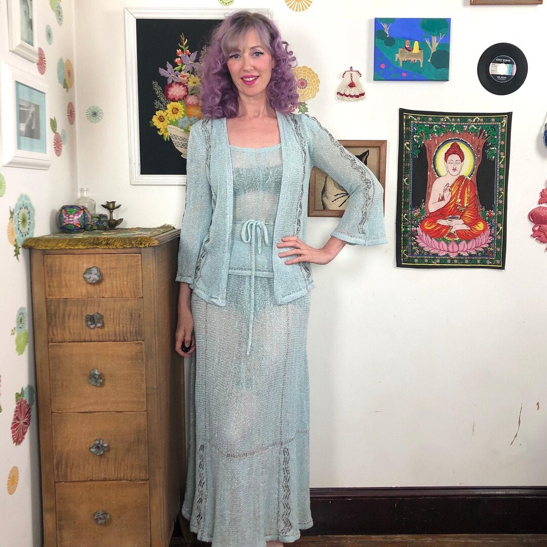 Vintage Crochet Skirt Set, 1970s Mary Farrin Three Piece Blue & Silver ...