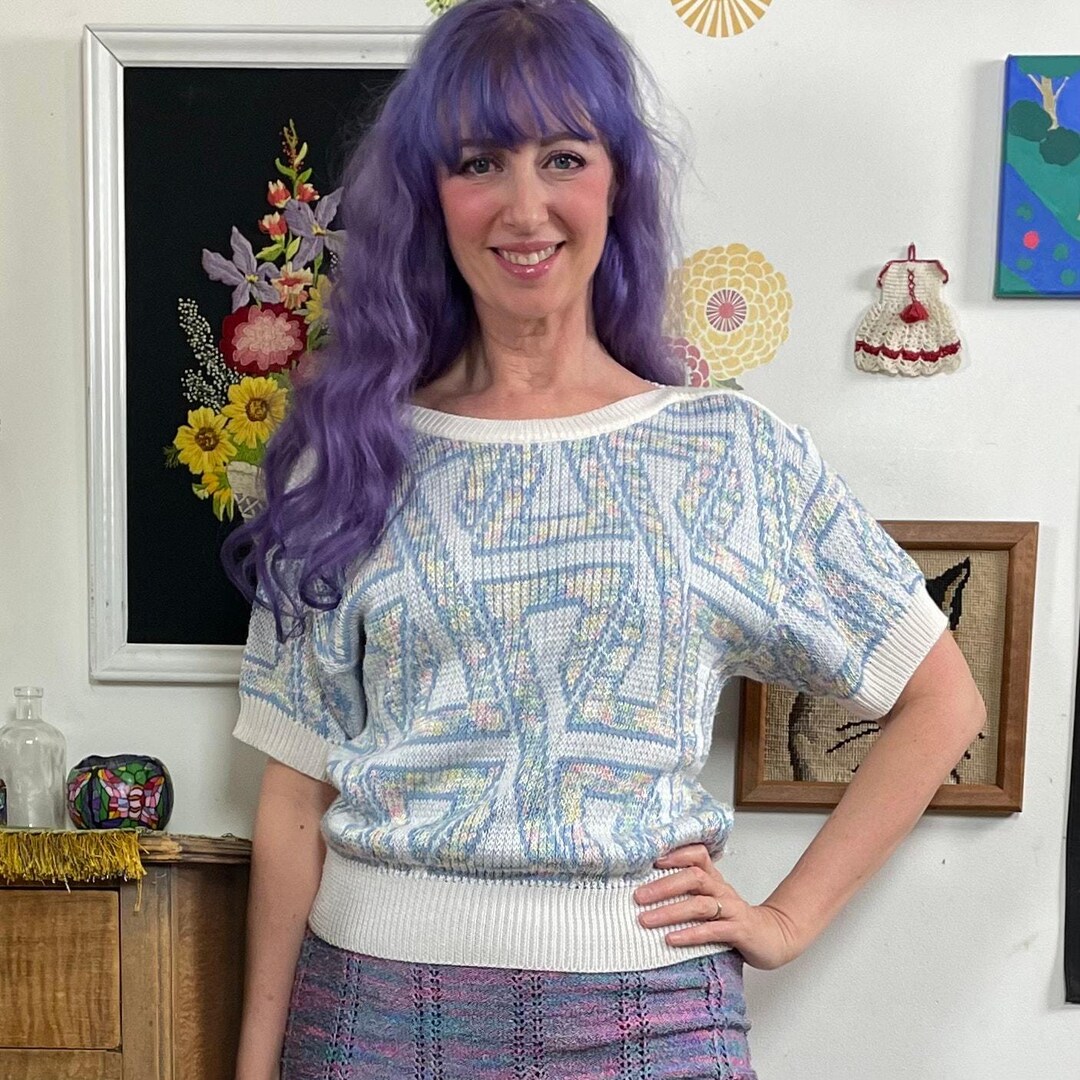 Vintage Pastel Geometric Sweater, 1980s Short Sleeve Spring Knit by ...
