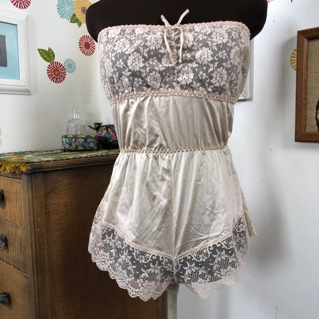 Vintage Strapless Teddy With Lace Trim, 1980s Beige Lingerie Romper ...