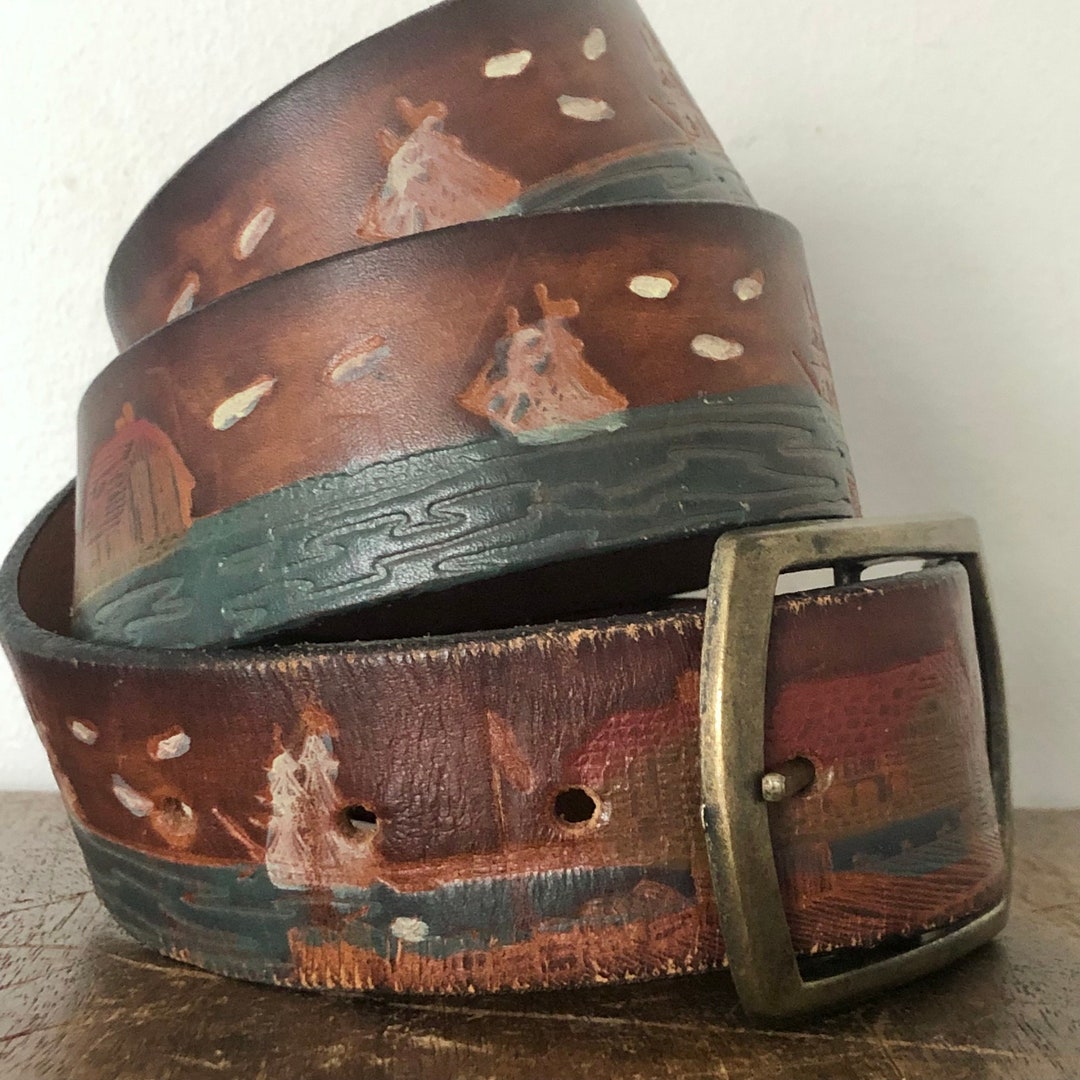 Vintage Hand Painted Tooled Leather Belt Painted Scenic - Etsy