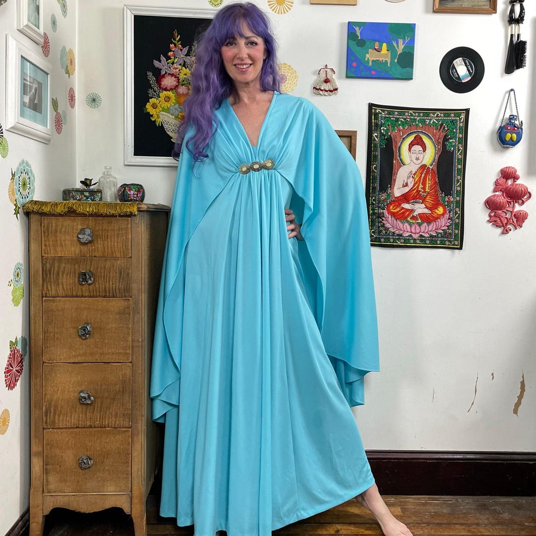 Vintage Angel Wing Cape Dress, 1970s Aqua Blue Diva Goddess Cocktail ...