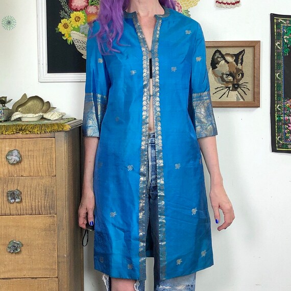 Vintage Blue Silk Duster Jacket, 1960s Asian Style Ja… - Gem