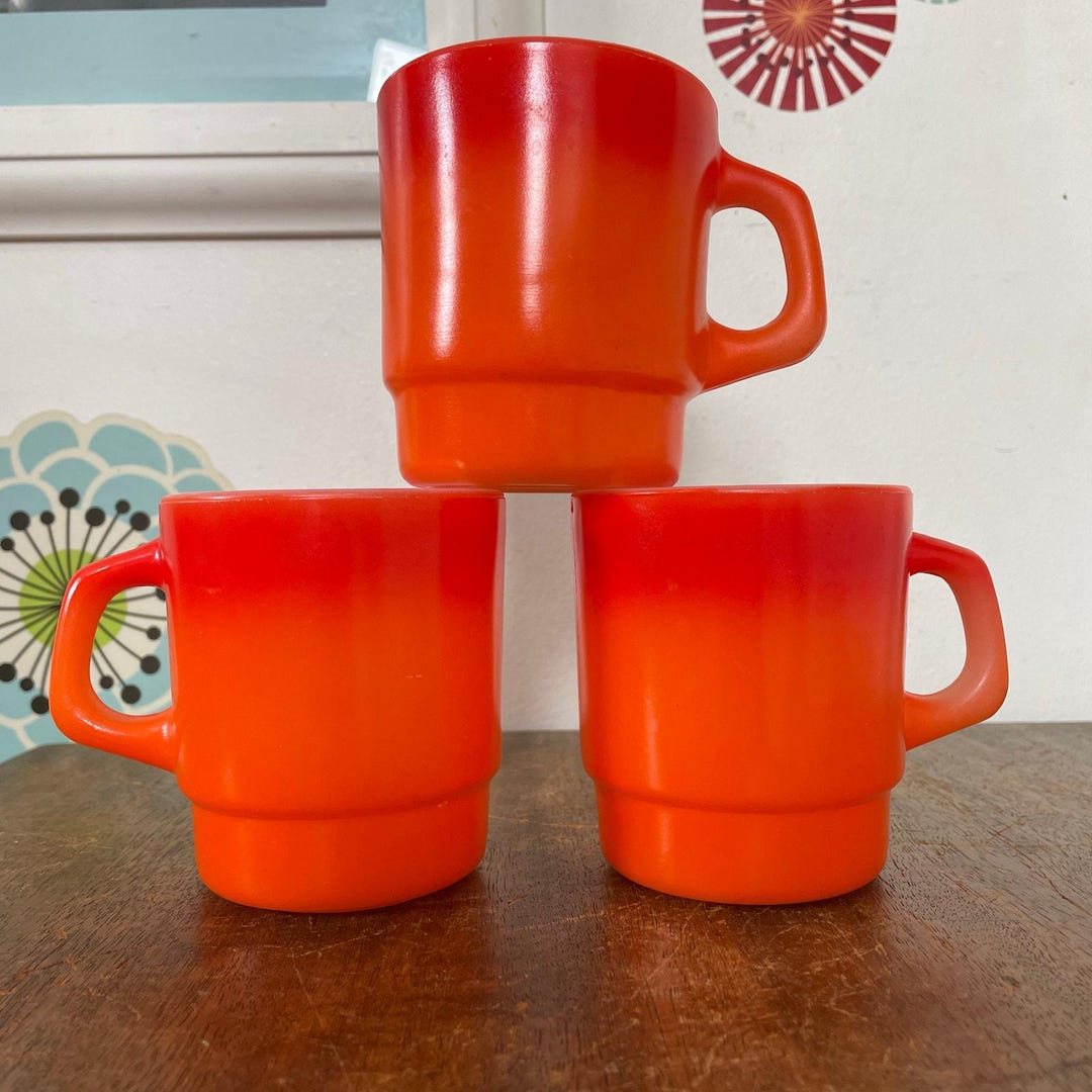 Vintage Orange Fire King Mugs, 3 Stacking Coffee Cups, 1970s Ombre Milk ...