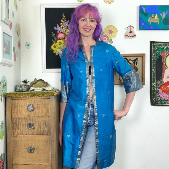 Vintage Blue Silk Duster Jacket, 1960s Asian Style Ja… - Gem