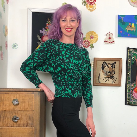 Vintage Green Floral Cropped Sweater 1980s Green And B… Gem