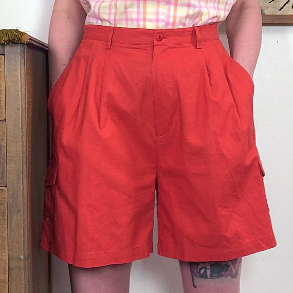 Vintage Orange Linen Shorts, 1980s High Waist Bermuda… - Gem