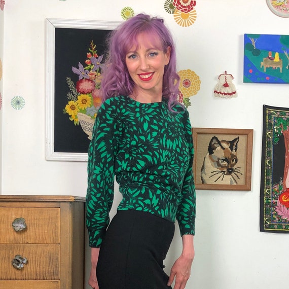 Vintage Green Floral Cropped Sweater 1980s Green And B… Gem