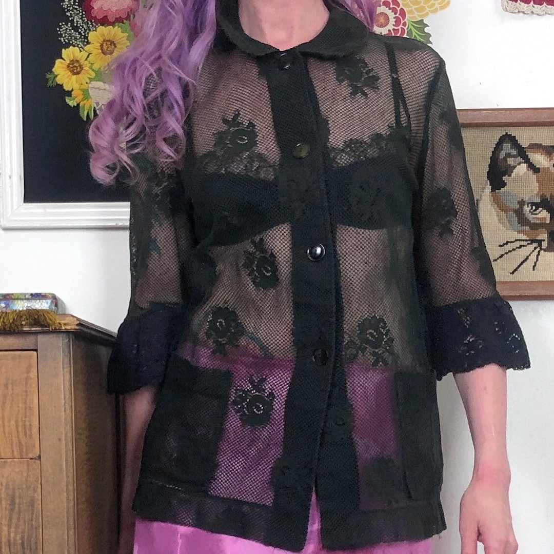 Vintage Fishnet Jacket, 1960s Black Net and Lace Button Front Top, Size ...