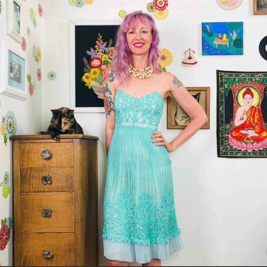 Vintage Betsey Johnson Aqua Crochet Lace Dress, Strapless 90s Cocktail ...