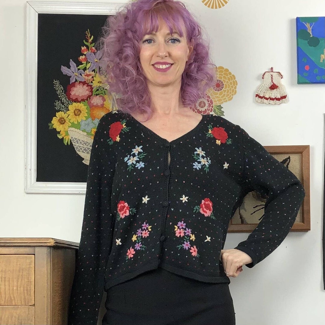 Vintage Susan Bristol Black Floral Cardigan Hand Embroidered Flower ...