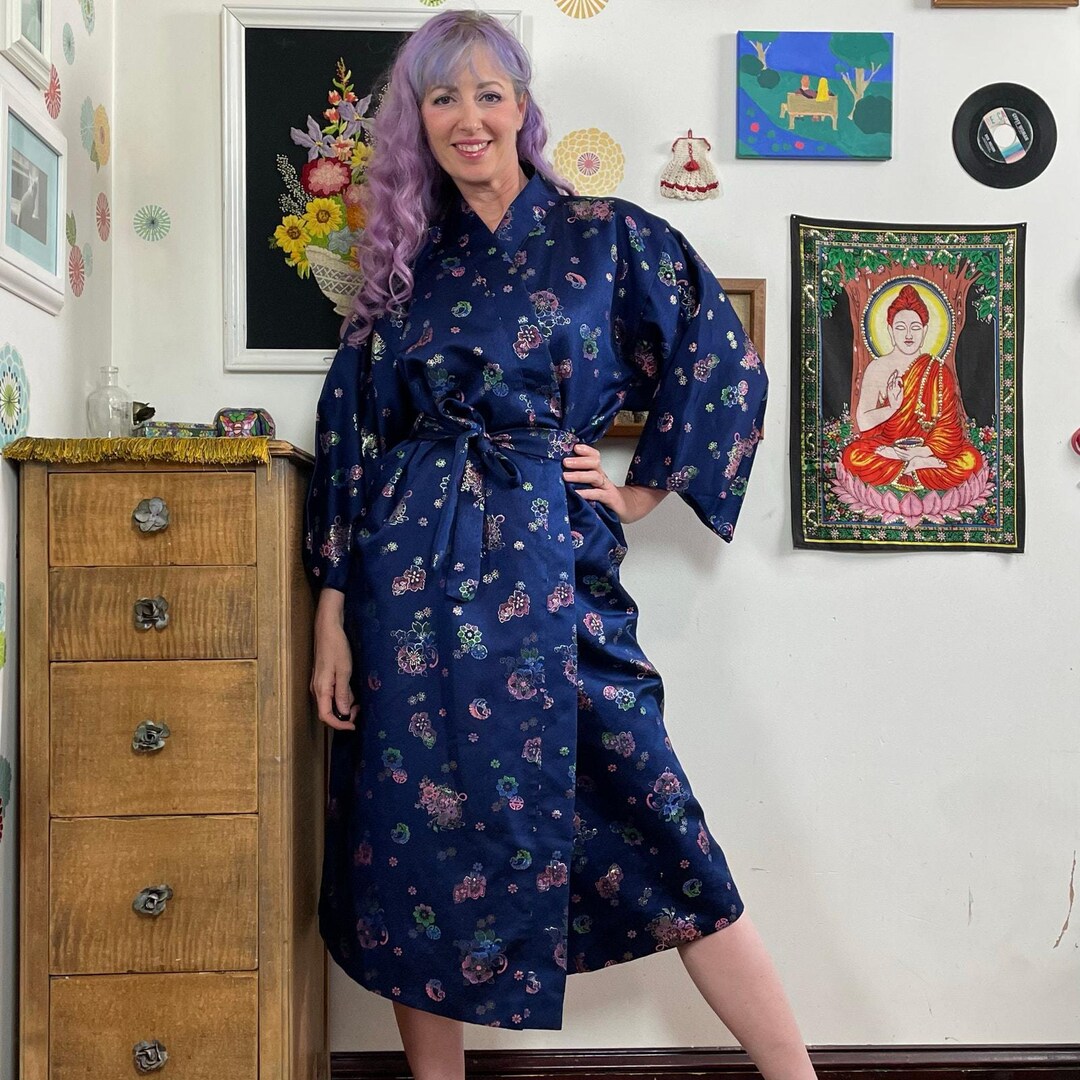 Vintage Kimono Robe, 1990s Blue & Metallic Floral Embroidered Robe, OS ...