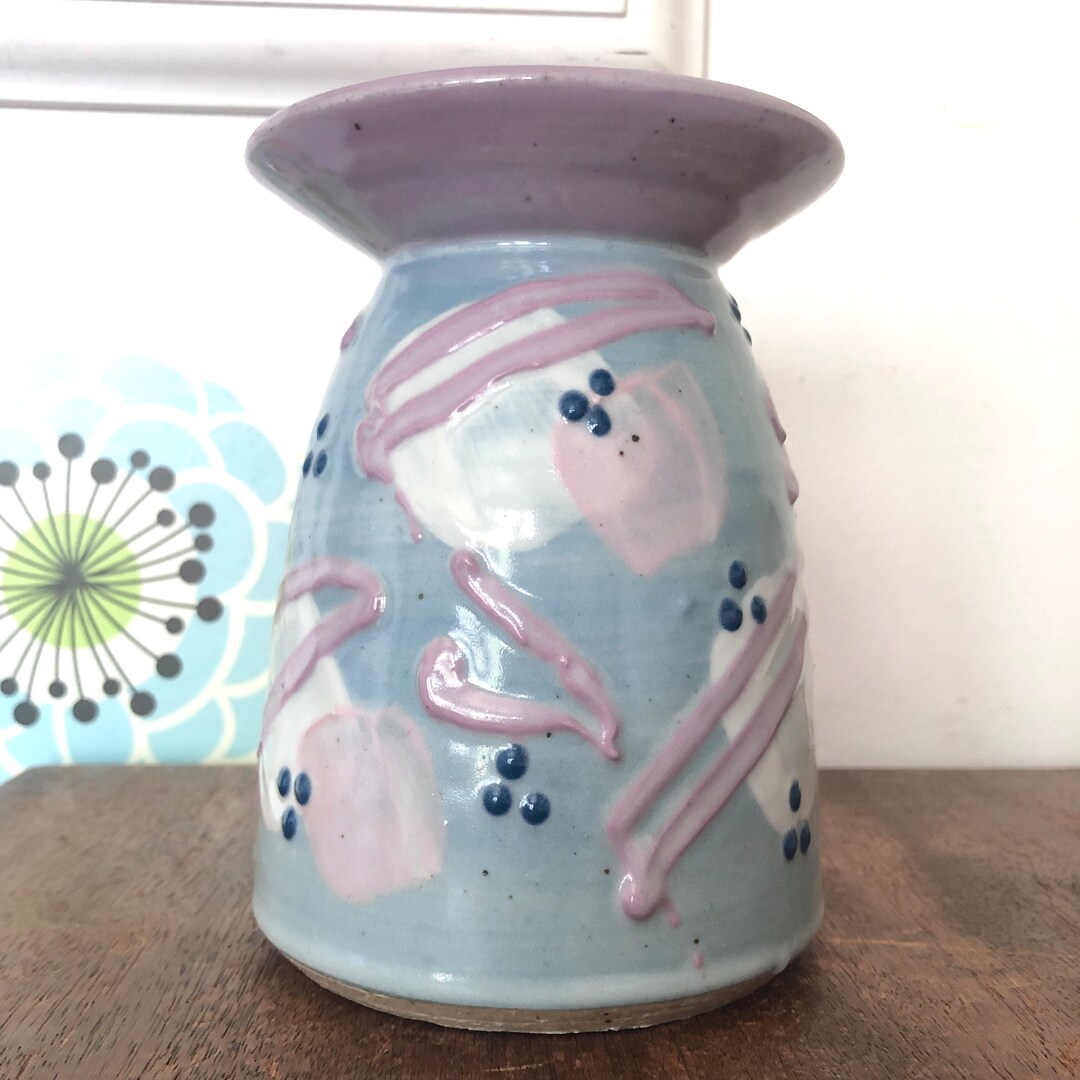 Vintage Cunningham Pottery Vase, 1990s Aqua and Lavender Artisan Design ...