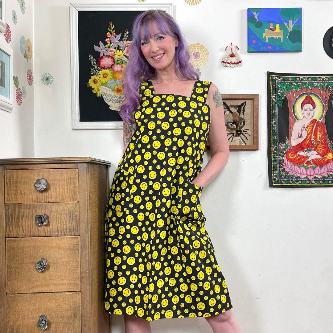 Vintage Smiley Face Shift Dress, 1980s Handmade Novelty Print Housecoat ...