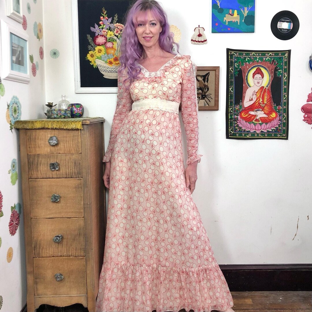 Vintage Prairie Dress, 1970s Peach Floral Long Sleeve Maxi Dress Sz S ...