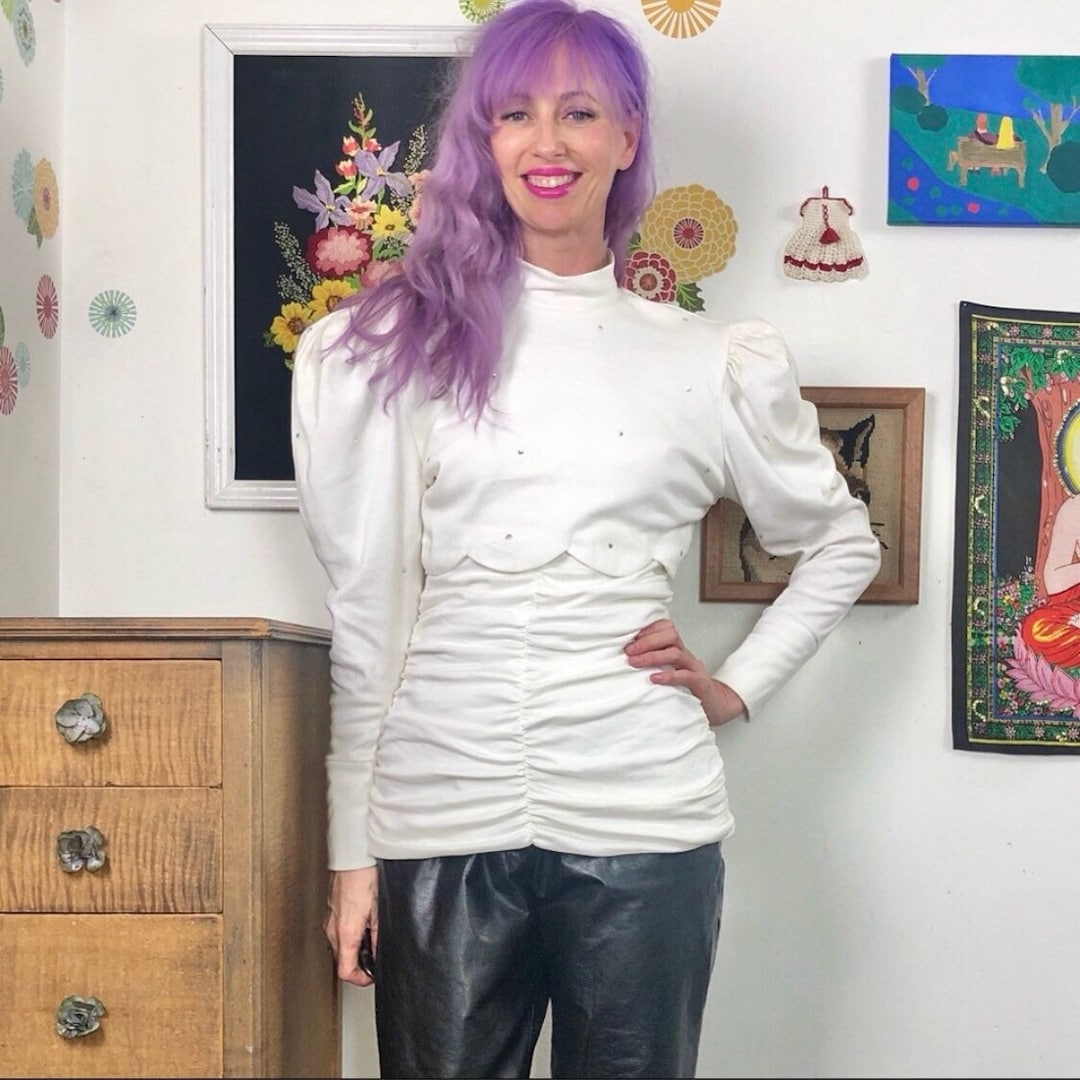 Vintage Puff Sleeve Tunic Top , 1980s White Scalloped Shirt With ...