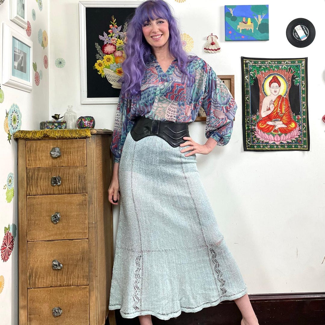 Vintage Mary Farrin Crochet Maxi Skirt, 1970s Blue & Silver Open Knit ...