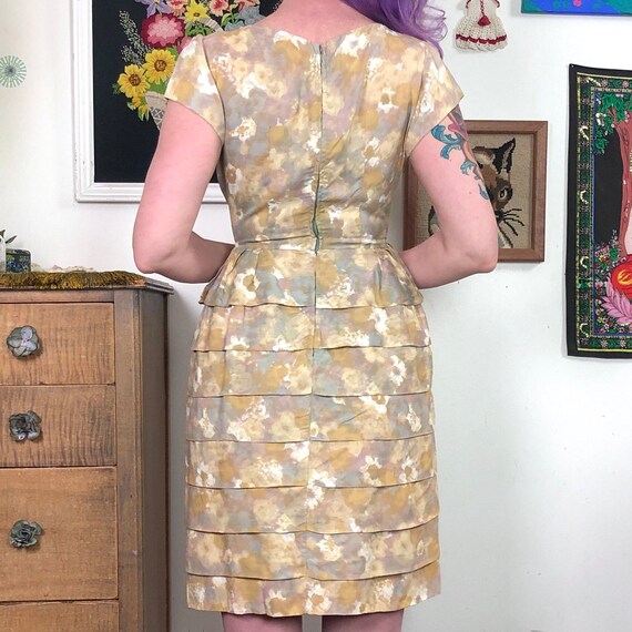 Vintage Gold Floral Wiggle Dress 1950s Mustard Day D… Gem